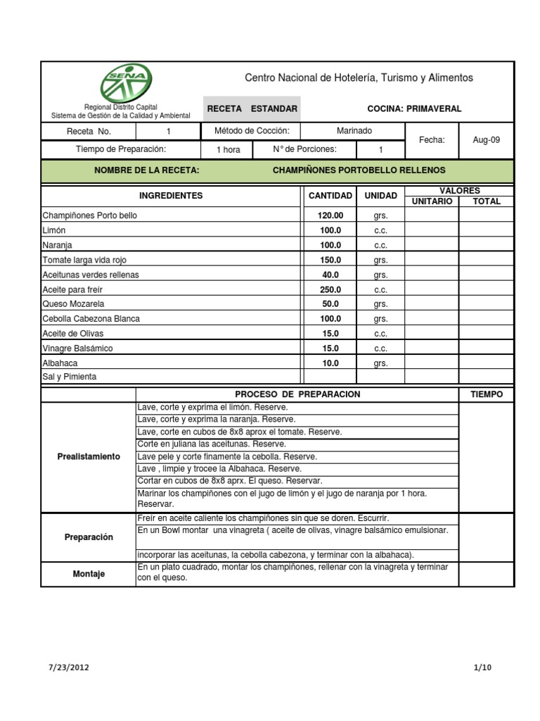 Ejemplo de Receta Estandar | PDF | Vinagreta | Queso