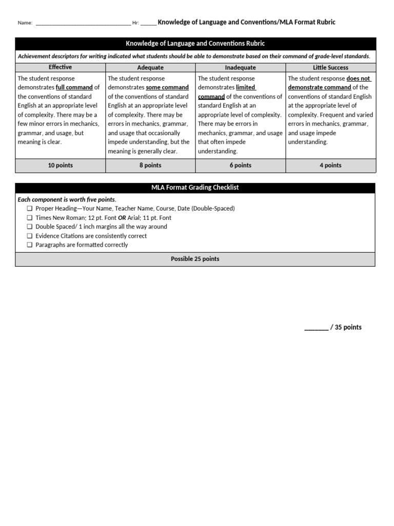 MLA Format Rubric | PDF