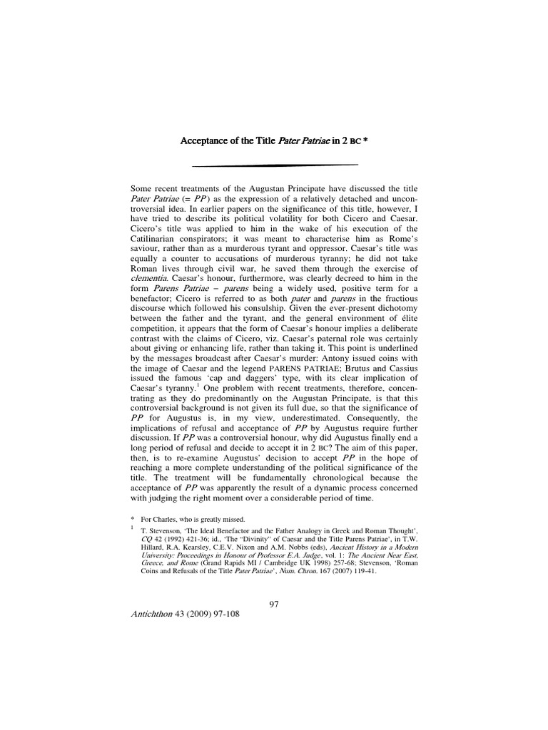 Acceptance of The Title Pater Patriae in | PDF | Augustus | Julius Caesar