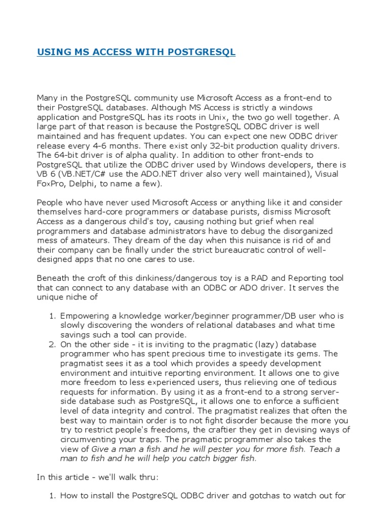 Using Ms Access With Postgresql | PDF | Postgre Sql | Microsoft Access