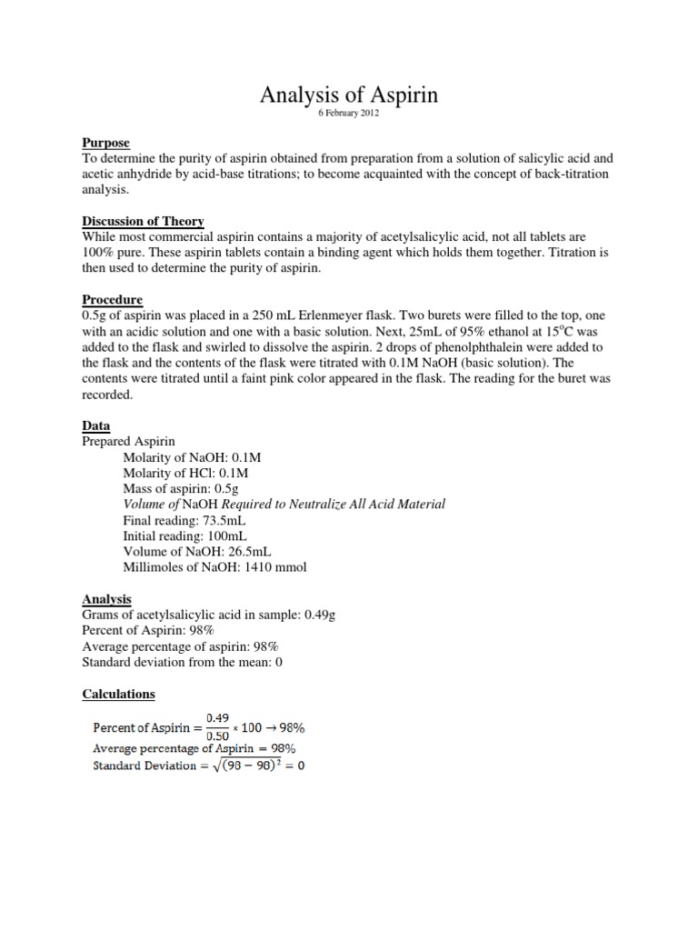 Aspirin Purity Analysis via Titration | PDF