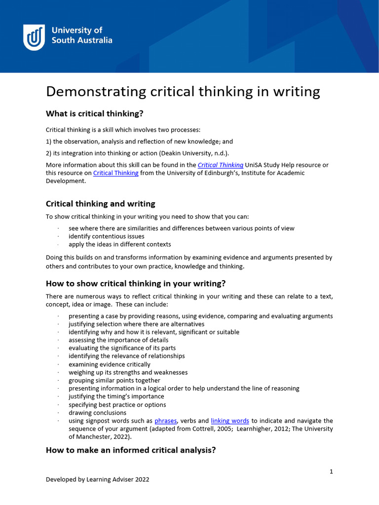 Demonstrating Critical Thinking in Writing - 2022 | PDF | Critical ...