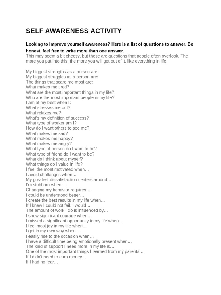 Self Awareness Activity | PDF