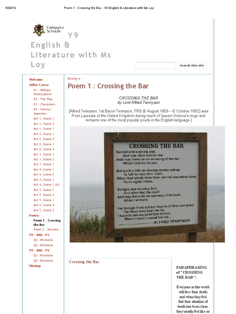 Crossing the Bar Poem Analysis | PDF | Poetry