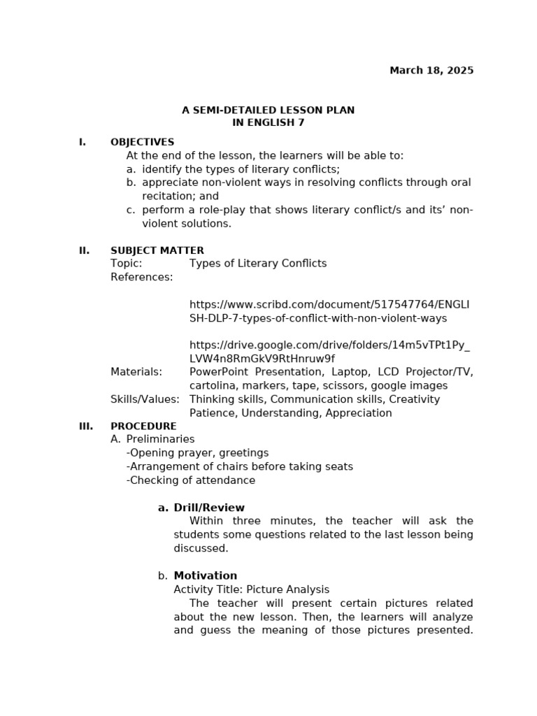 Lesson Plan On Literary COnflicts | PDF | Learning | Psychology