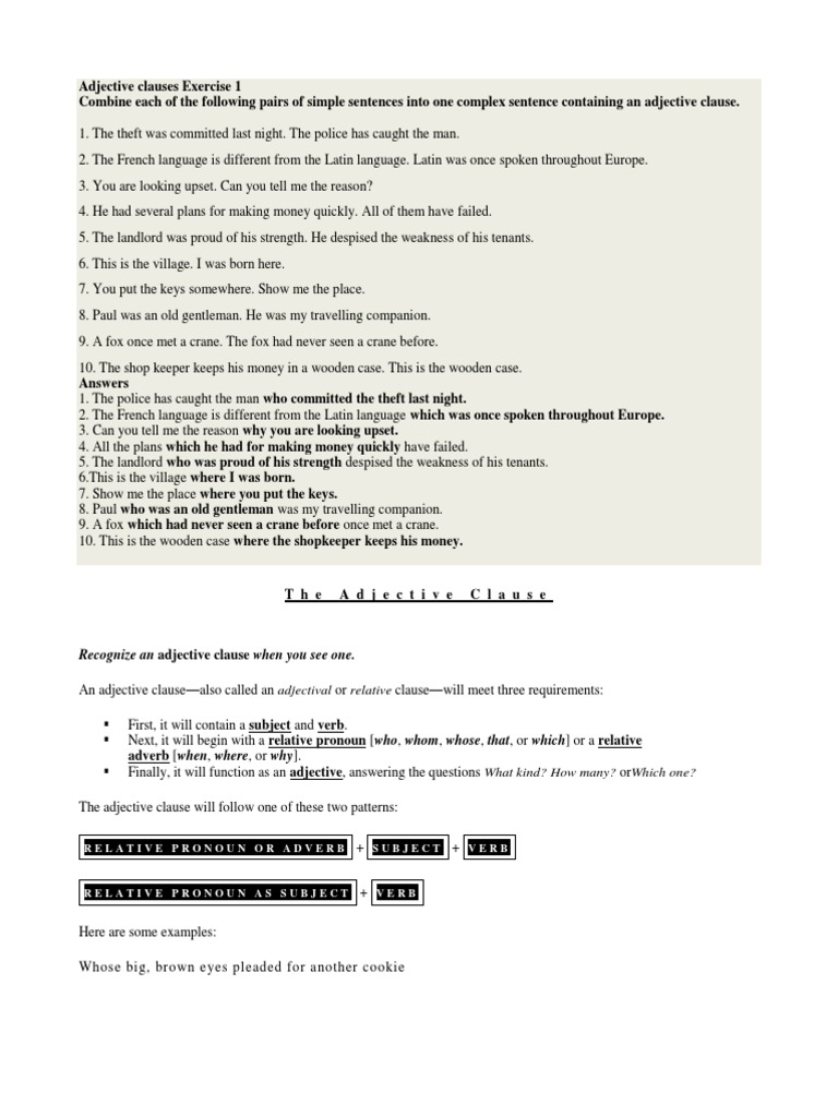 Adjective Clauses Exercise 1 | Adjective | Adverb
