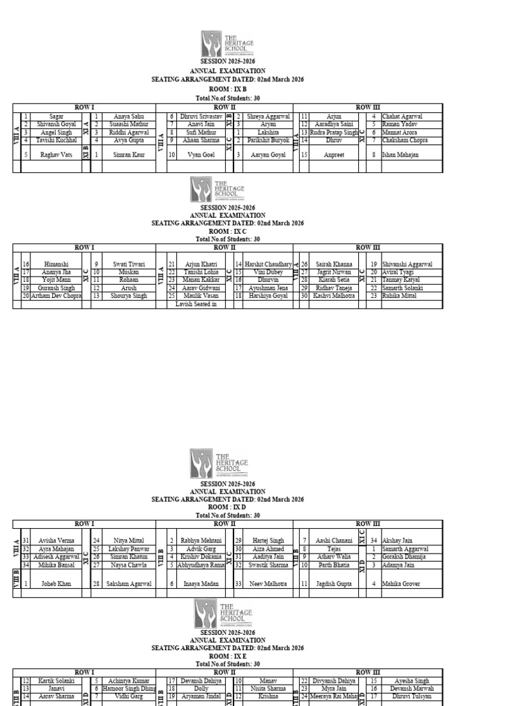 Annual Exam Seating Arrangement - 2nd March 26 | PDF