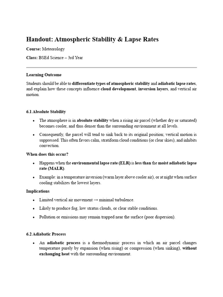 Atmospheric Stability and Lapse Rates Handout | PDF | Earth Sciences ...