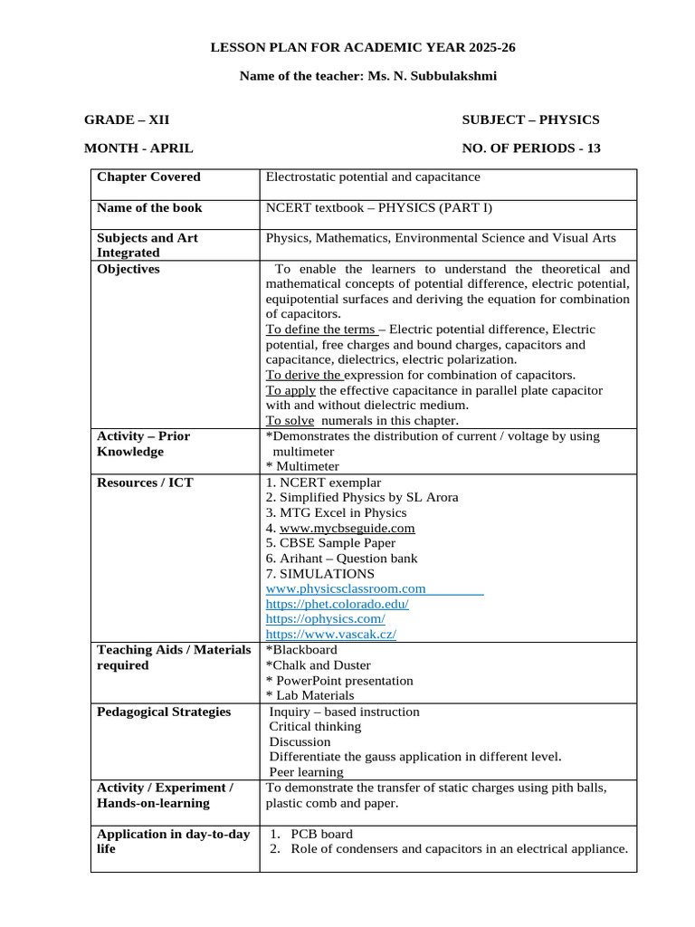 Xii Lesson Plan Grade Xii Physics - April Electric Potential and ...