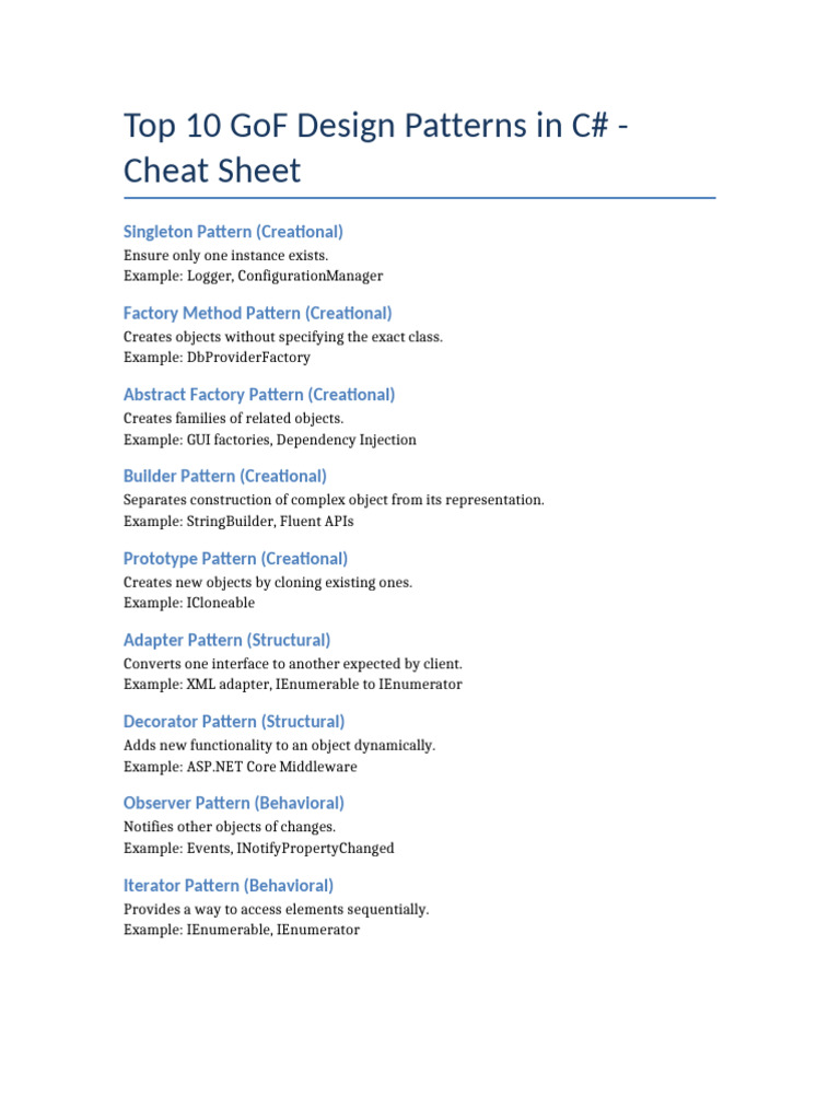 GoF Design Patterns CheatSheet CSharp | PDF