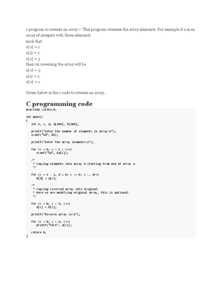 C Program To Reverse An Array | PDF | C (Programming Language) | String ...