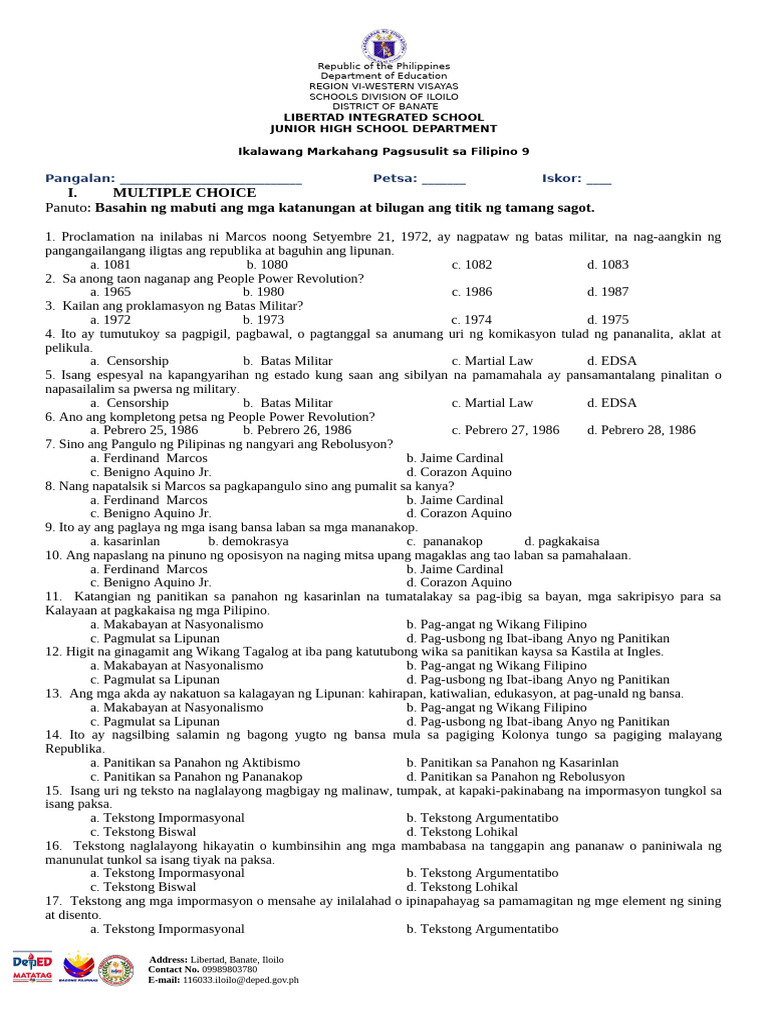 2nd quarter exam in filipino 9 ( sy 2025) | PDF