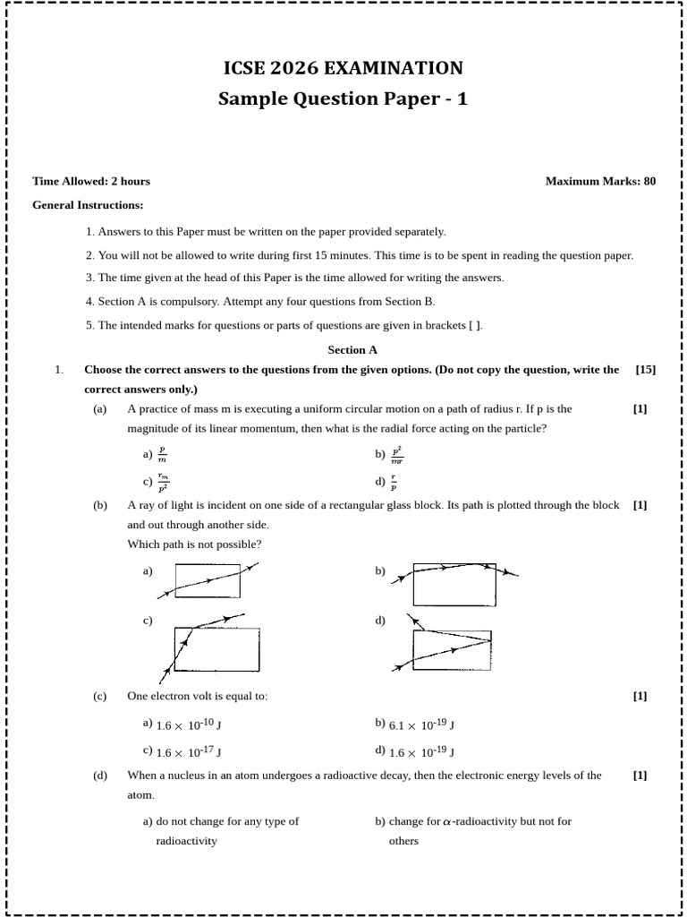 ICSE Sample Paper Class 10 Physics 2026 Set - 1 PDF | PDF | Resonance ...