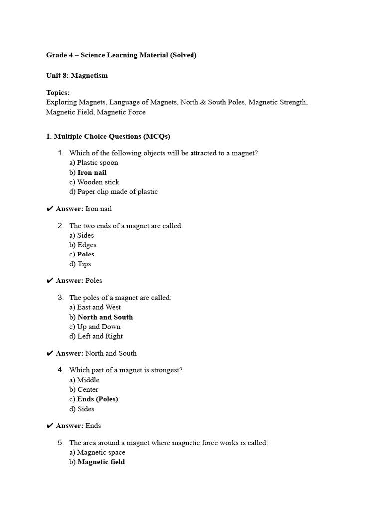 Grade 4 – Science Learning Material (Solved) | PDF | Gases | Magnet