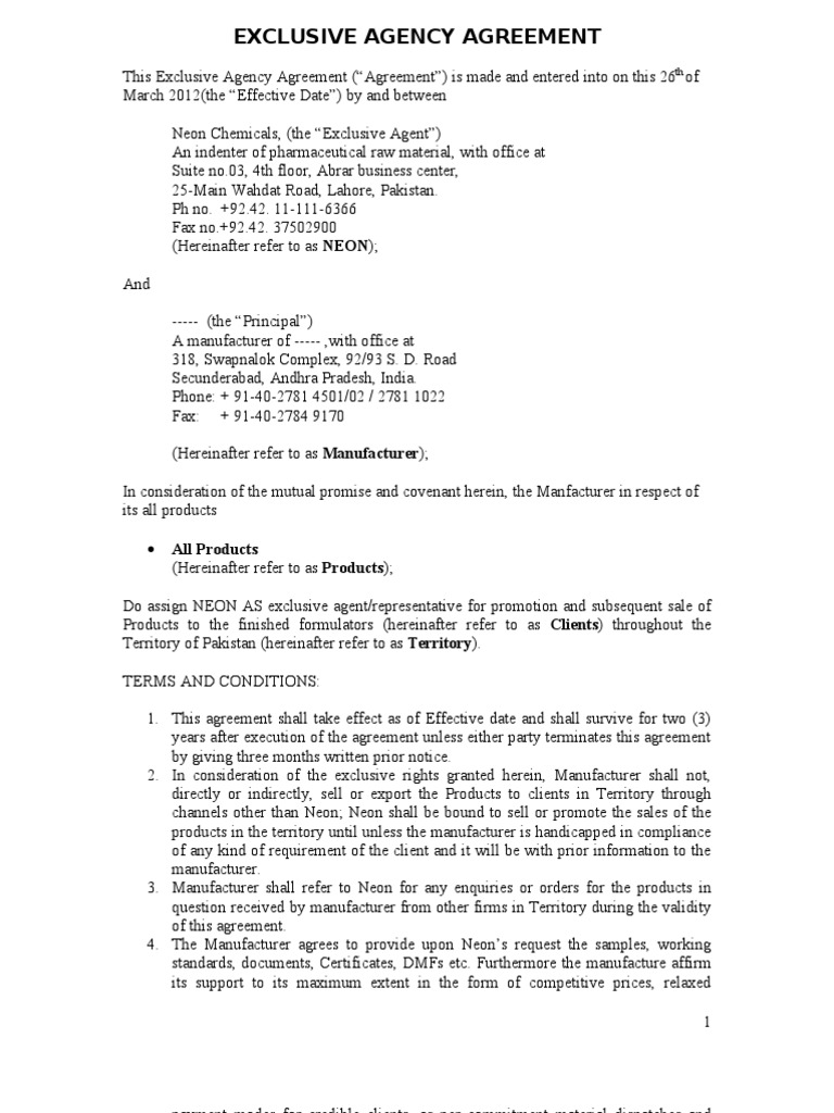 Exclusive Agency Agreement: Neon Chemicals | PDF | Negotiation ...