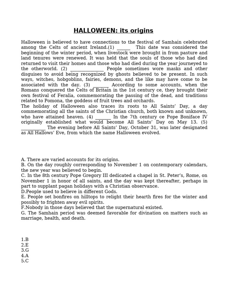 HALLOWEEN Origins With Answer Key | PDF