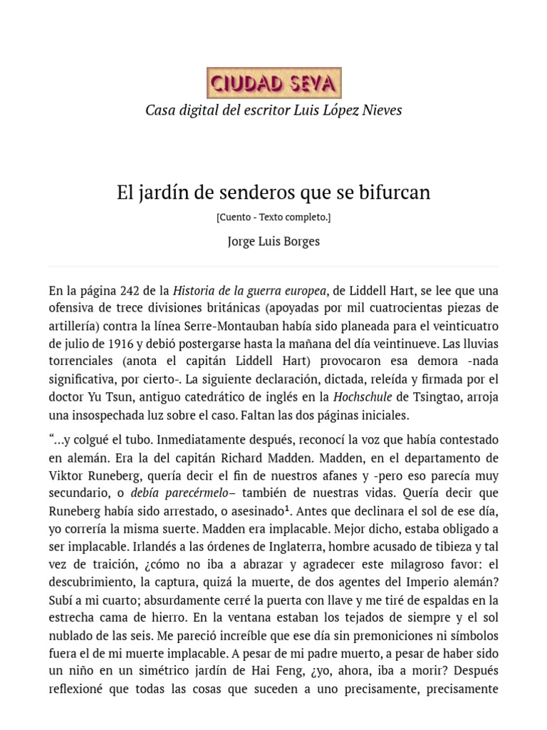El Jardín de Senderos Que Se Bifurcan - Jorge Luis Borges - Ciudad Seva ...