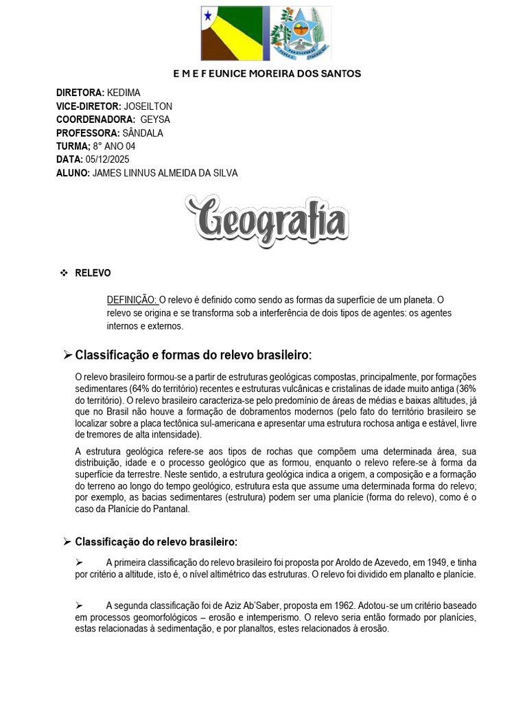 Trabalho de Geografia - James Linnus | PDF | Terreno | Tectônica