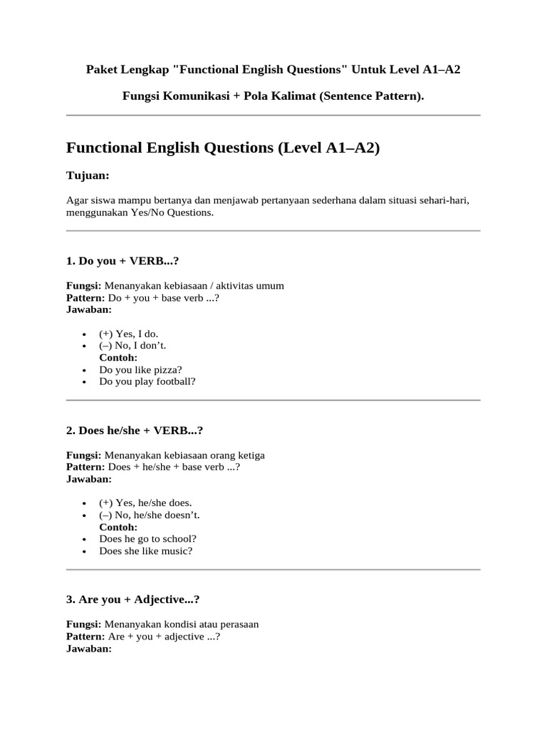 Paket Lengkap Functional English Questions Untuk Level A1–A2 | PDF ...