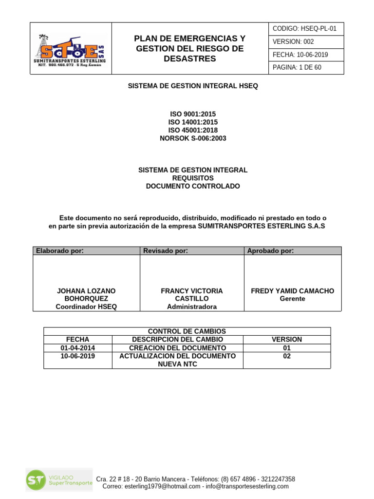 HSEQ-PL-01. Plan de Emergencias y Gestion Del Riesgo | PDF | Riesgo ...