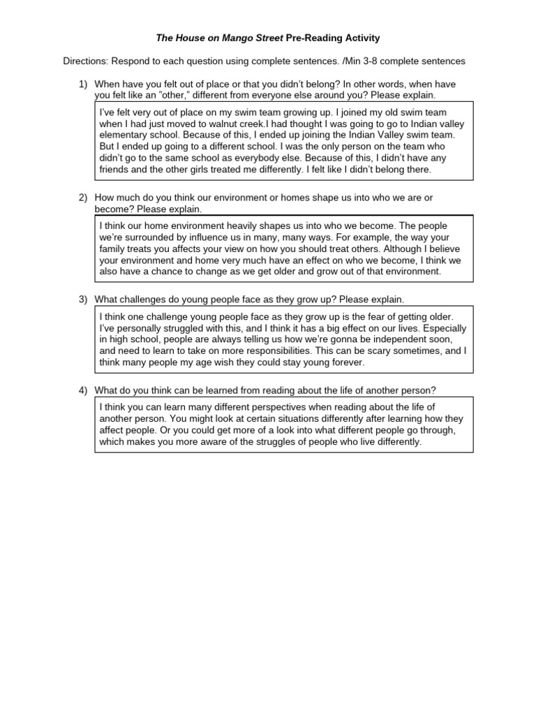 The House On Mango Street Pre-Reading Activity | PDF
