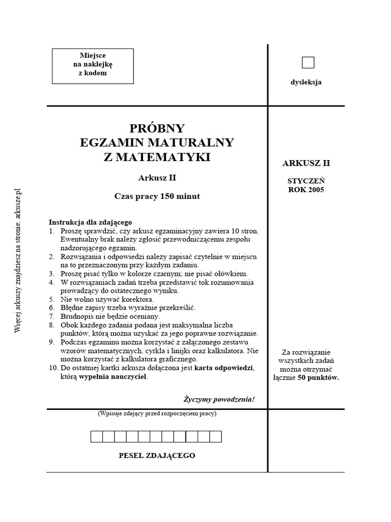 Matematyka 2005 Styczen Probna Rozszerzona | PDF