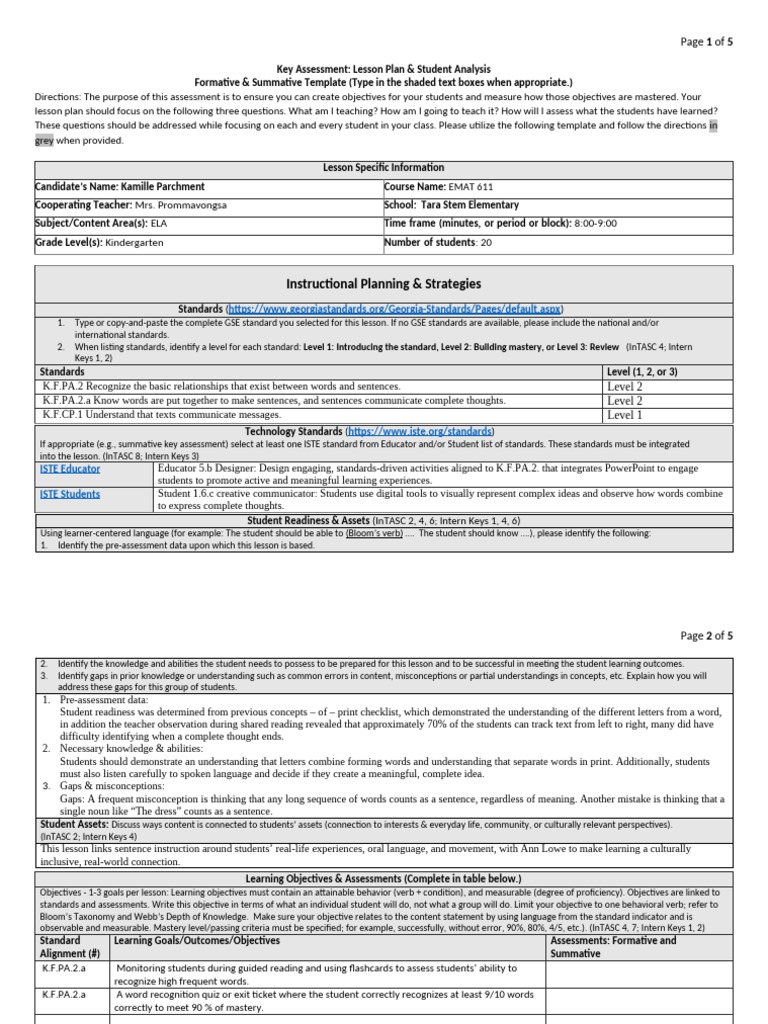 Key Assessment Lesson Plan | PDF | Educational Assessment | Thought