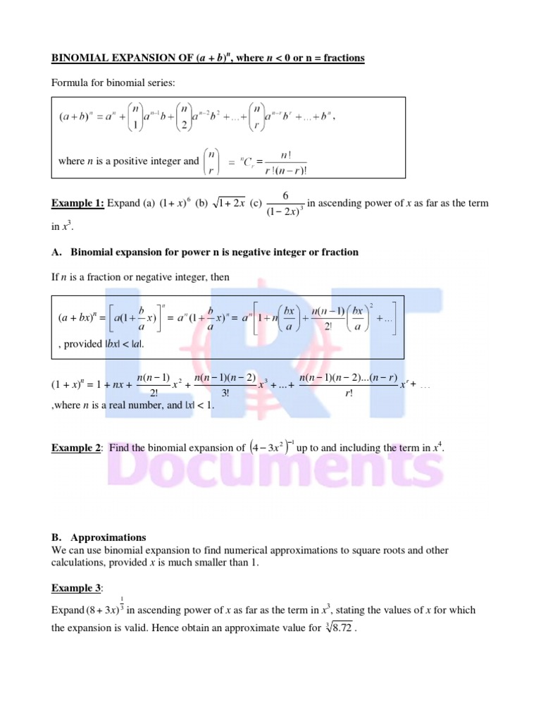 Binomial Expansion for Negative and Fractional Powers | PDF | Number ...