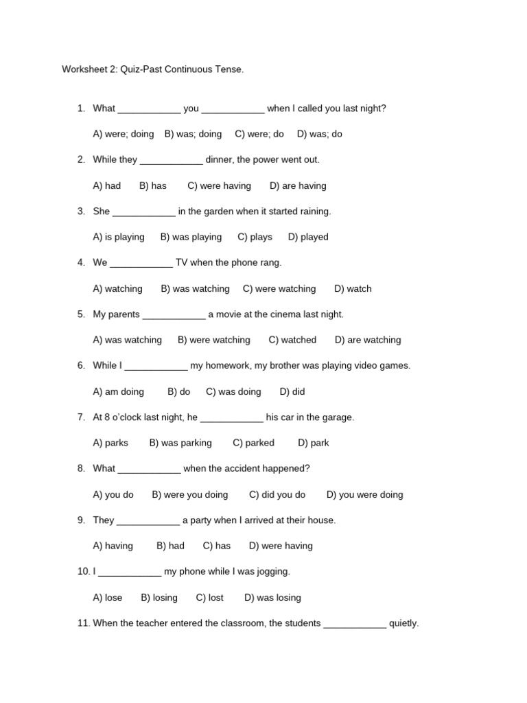 Worksheet 2 - Quiz-Past Continuous Tense | PDF
