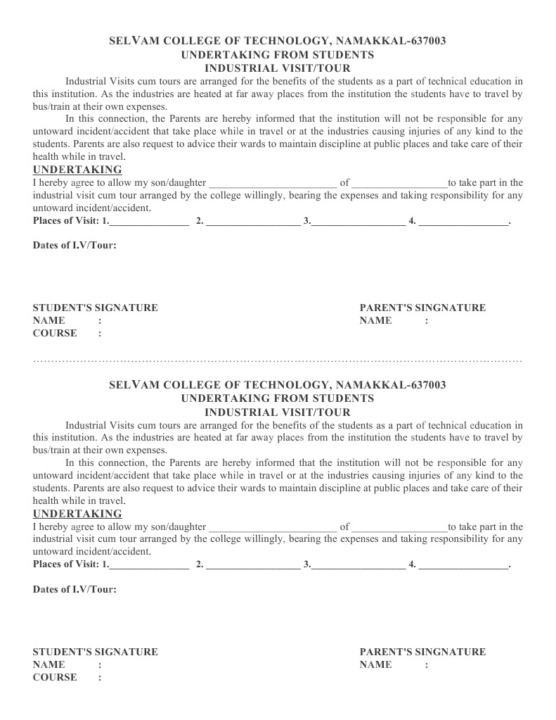 Student Undertaking for Industrial Visit | PDF
