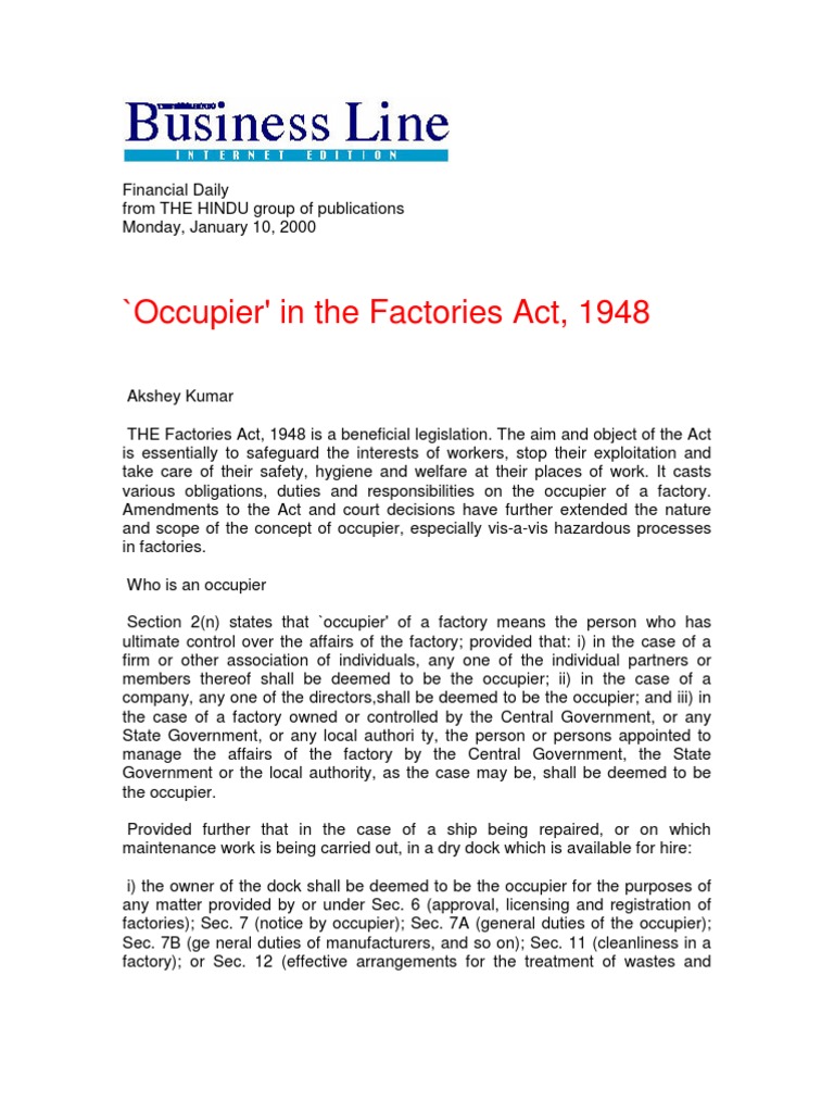 'Occupier' in The Factories Act, 1948 | PDF | Board Of Directors ...