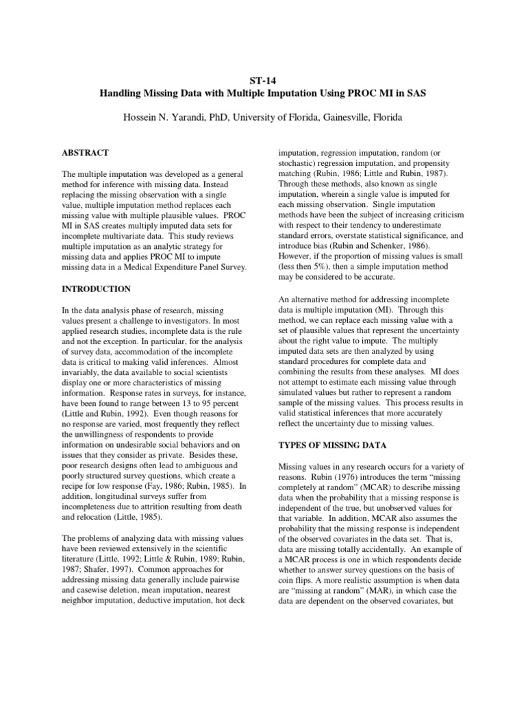 ST-14 Handling Missing Data With Multiple Imputation Using PROC MI in SAS | PDF | Regression ...