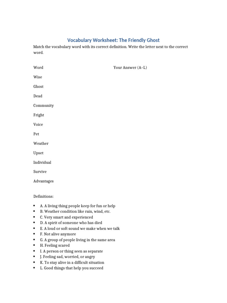 Vocabulary Matching Worksheet | PDF