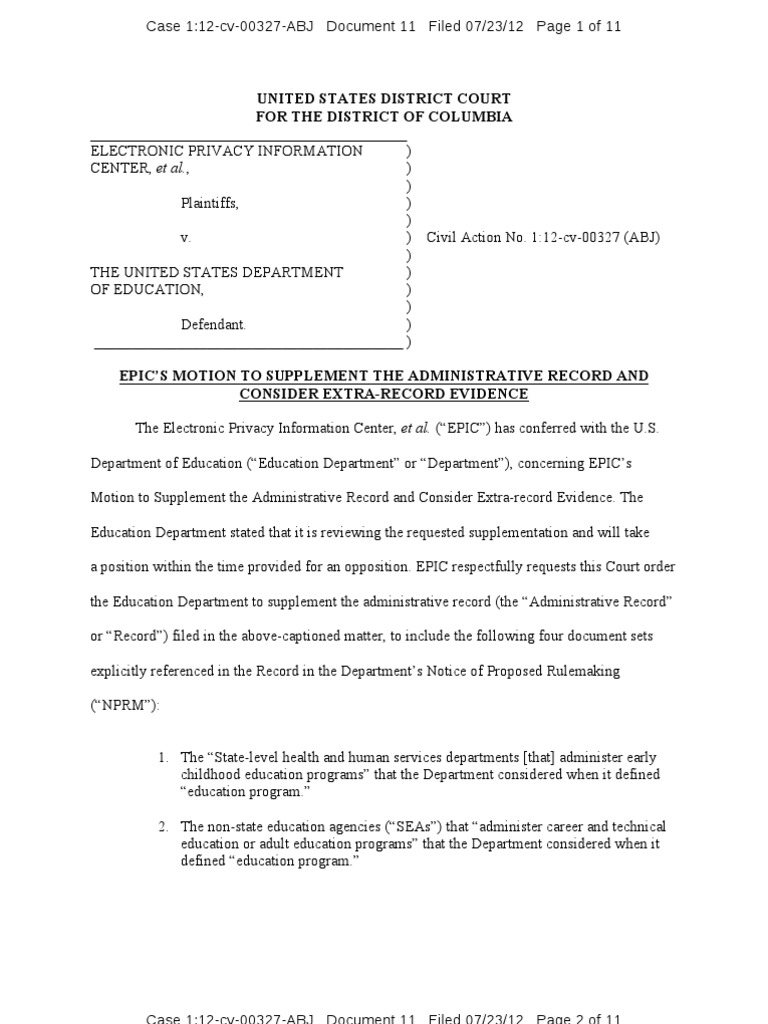 EPIC Motion To Supplement | PDF | Discovery (Law) | Lawsuit