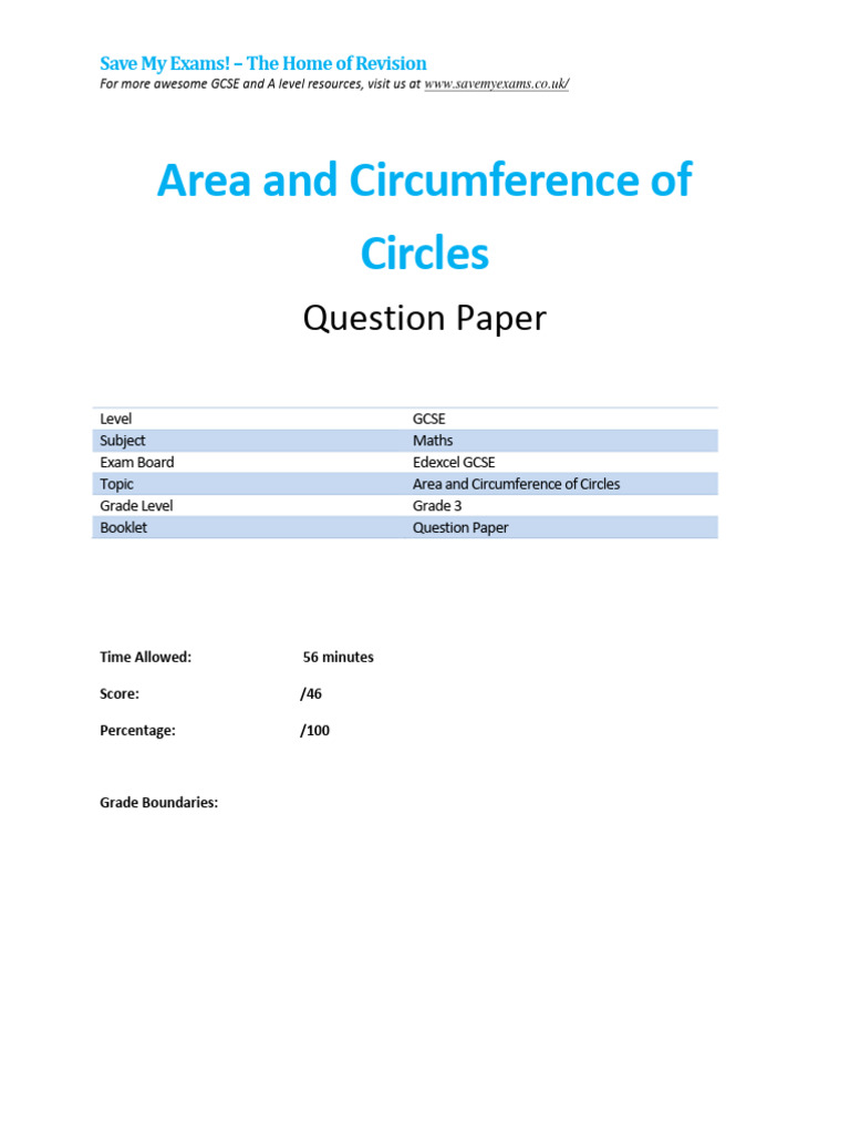 Area and Circumference of Circles QP Edexcel Gcse | PDF