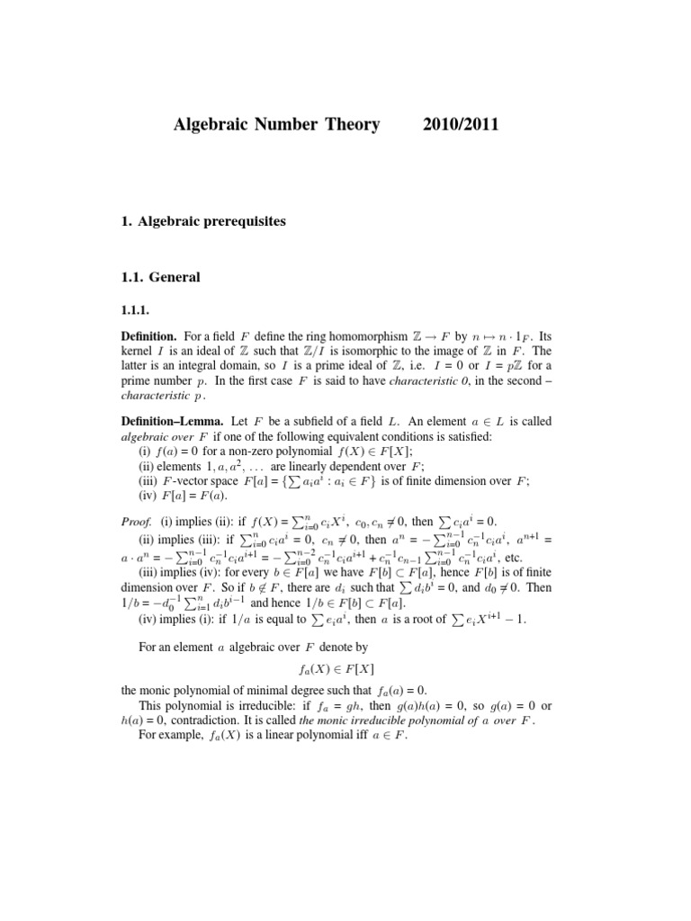 Algebraic Number Theory 2010 2011 Pdf Ring Mathematics Abstract Algebra