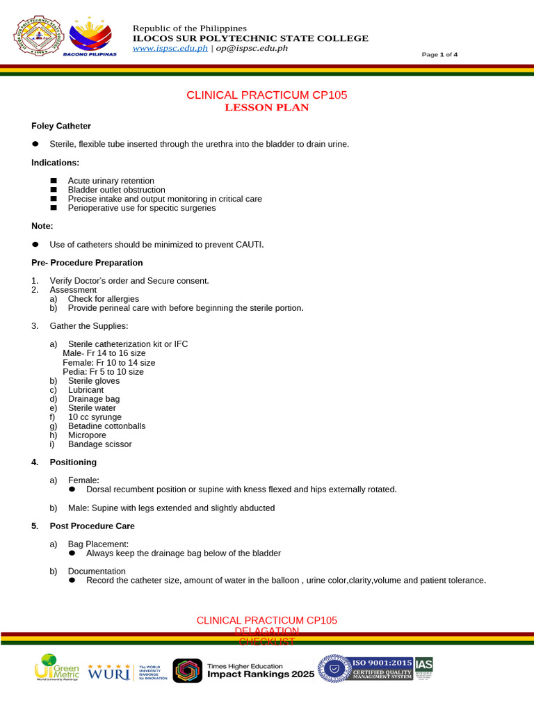 Ravelo Ifc Lecture Notes and Checklist | PDF | Catheter | Urology
