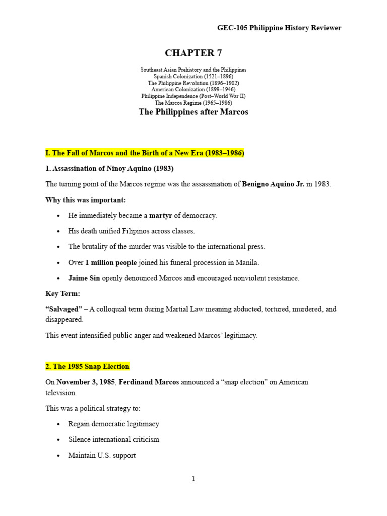 CHAPTER 7 - The Philippines After Marcos | PDF | Corazon Aquino ...