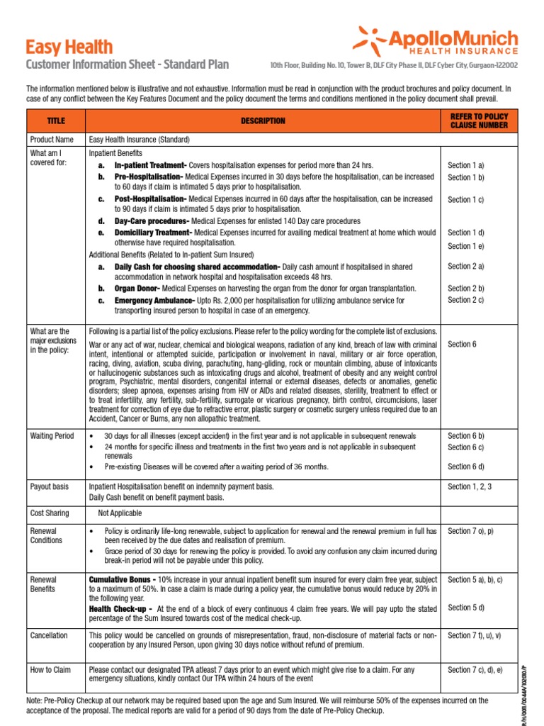 Easy Health Insurance Customer Information Sheet With Policy Wordings ...