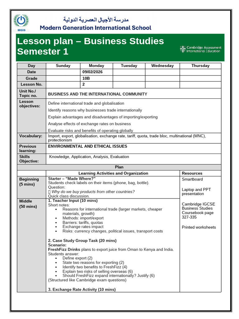 Lesson Plan 2 Grade 10 Business and International Economy | PDF ...