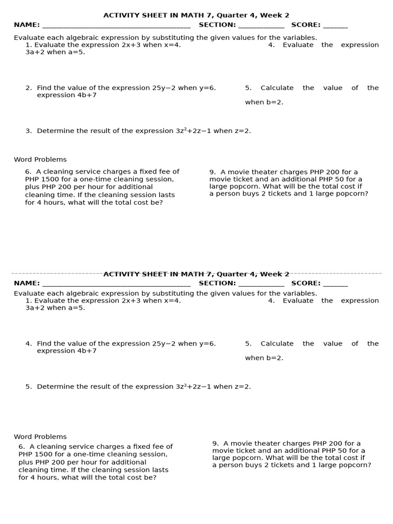 Activity Sheet in Math 7 Week 2 q4 | PDF | Fee