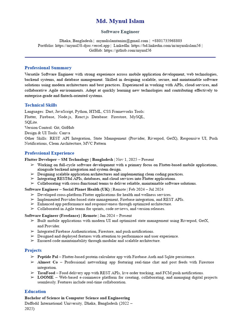 MD Mynul Islam Flutter Developer CV Modern | PDF | Mobile App | Computing