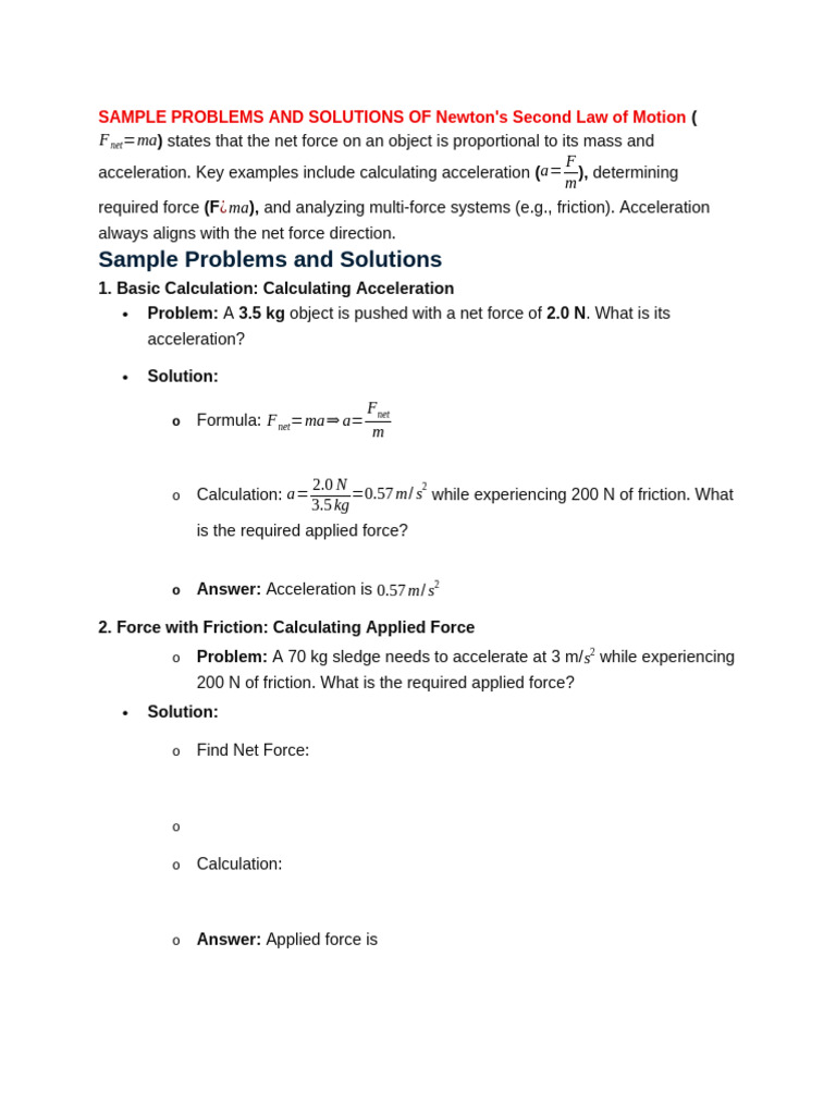 Sample Problems and Solution of Newtons Second Law of Motion | PDF