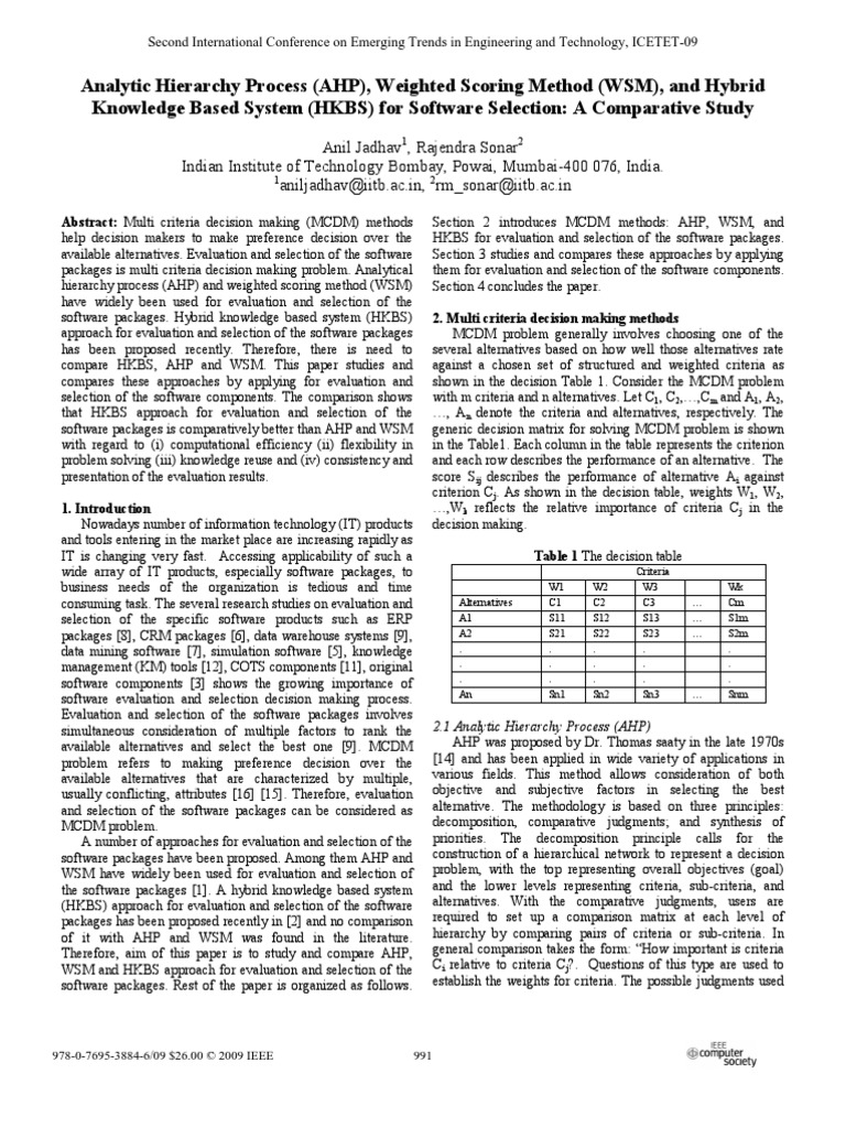 Analytic Hierarchy Process (AHP), Weighted Scoring Method (WSM), and Hybrid Knowledge Based ...