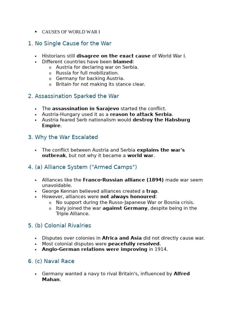No Single Cause For The War: Causes of World War I | PDF