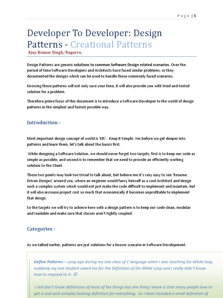 DeveloperToDeveloper Creational Design Patterns | Download Free PDF | Class (Computer ...