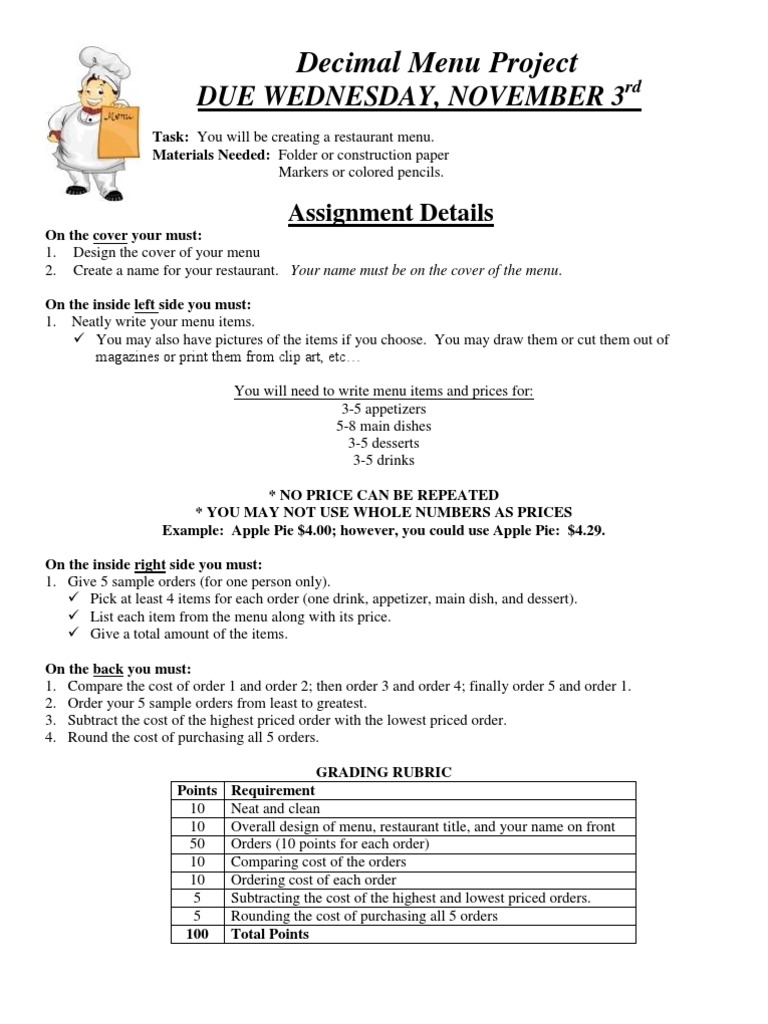 Decimal Menu Project | PDF | Menu | French Fries