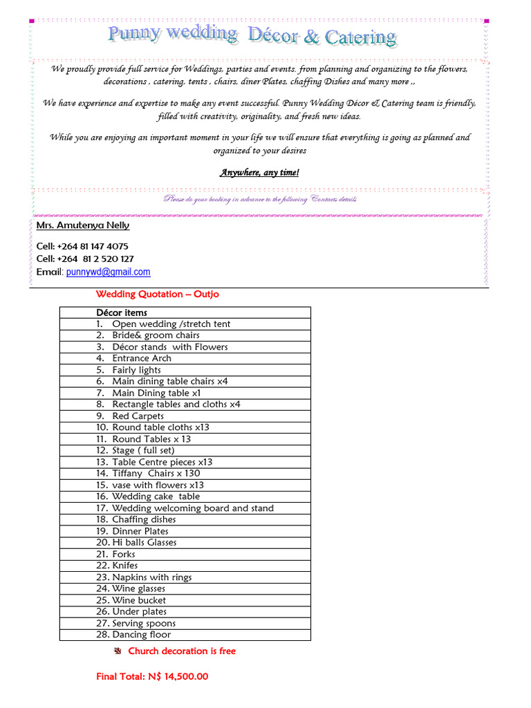 Wedding Quotation - Outjo | PDF