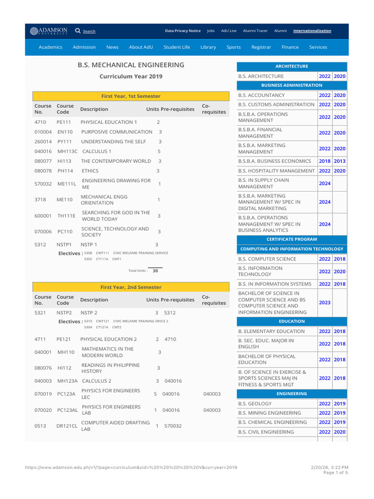 Adamson University Curriculum | PDF | Bachelor Of Science | Engineering