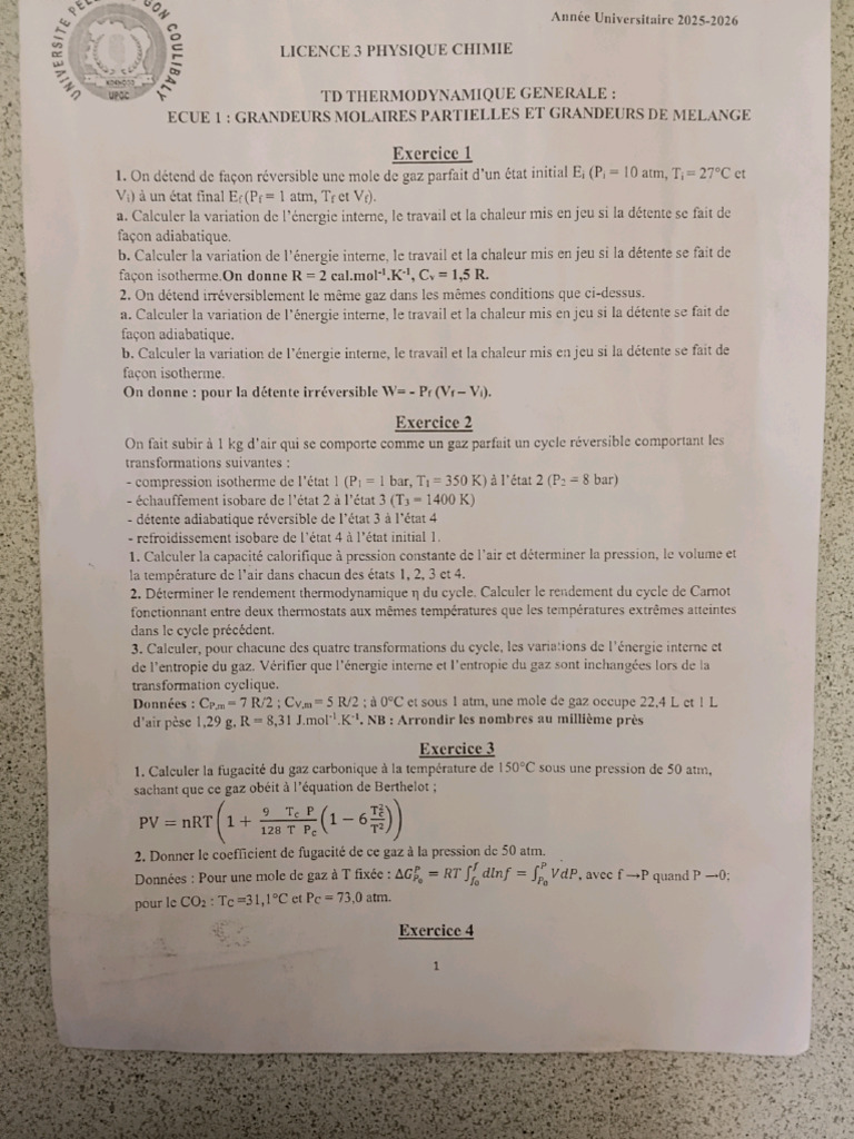 T D Et Corrigé Thermodynamique Grandeurs Molaires Partielles Et ...